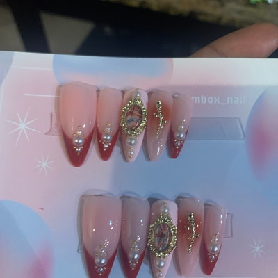 Ombre White Saturn Crystal Hand Painted Nails /y2k Nails /custom Press ...