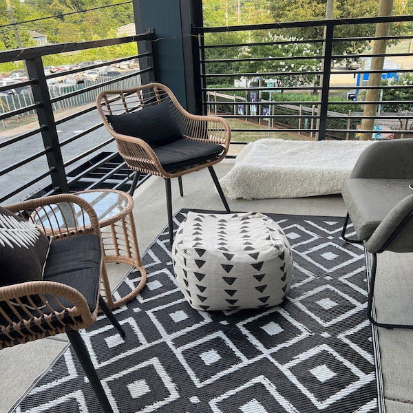 Boho Triangle Pouf Ottoman, Off-white and Black Pouf Ottoman, Blue Mud ...