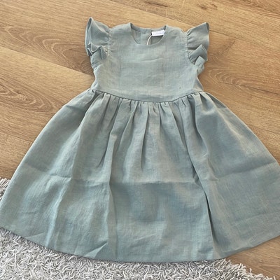Girls Linen Dress With Ruffles, Natural Linen Sleeveless Dress, Toddler ...