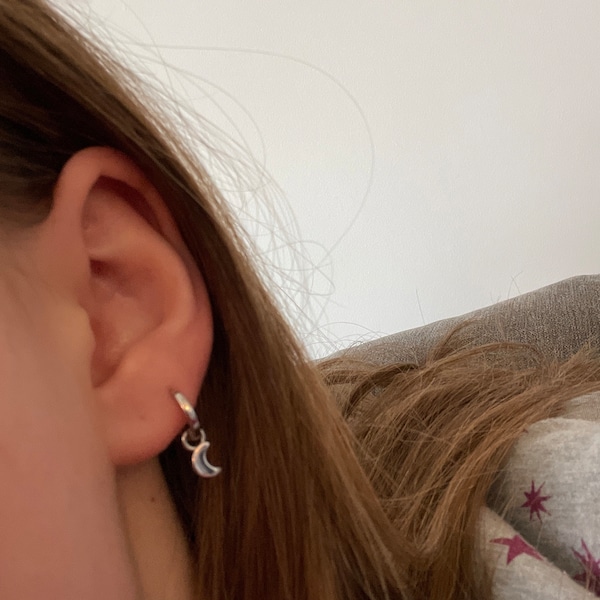 Mismatched Moon and Star Charm Huggie Hoop Earrings, Detachable Charm Hoops, Celestial Earrings ...