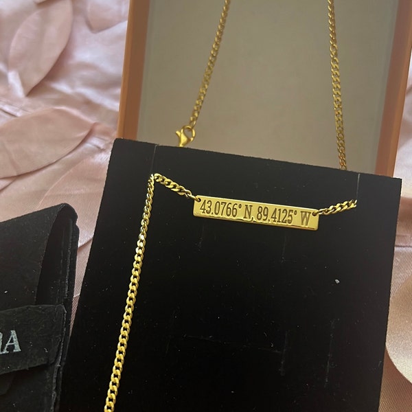 14K Gold Custom Coordinate Necklace, Personalized Coordinate | Engraved ...
