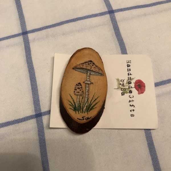 Handpainted Wood Slice Wooden Brooch Pin, Nature Wild Mushrooms Forest ...