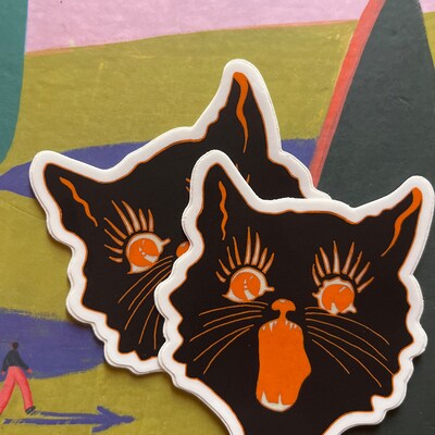 Retro Scaredy Cat Sticker black Orange Vinyl Decal - Etsy