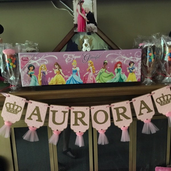 Girls Name Banner With Crowns, Embossed Pink and Gold Banner With Tulle ...