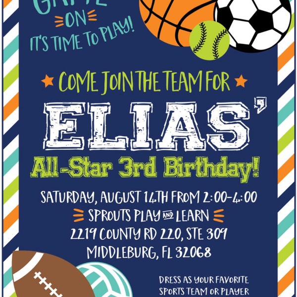 All Star Invitation for Sports Birthday Party. Digital, Personalized ...