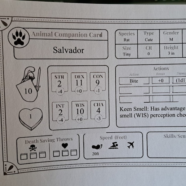 Animal Companion Card | Character Sheet | Animal Character Sheet | Dnd ...