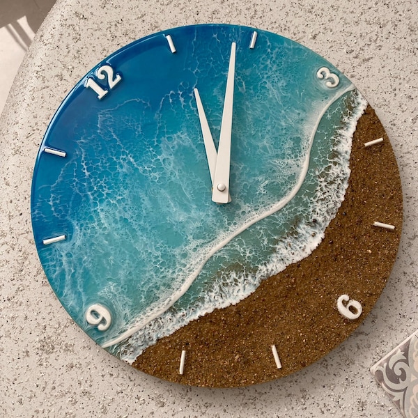 Resin Clock- Sand and Ocean Blue Water and White Waves / Beach Art ...