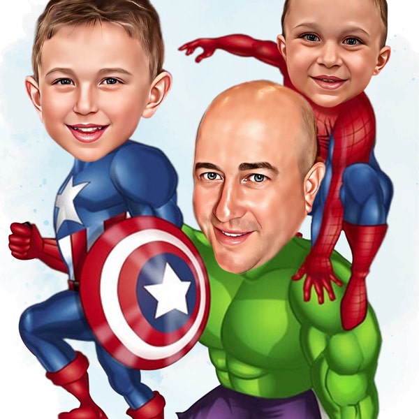 Custom Super Dad and Son Cartoon Portrait, Super Dad Portrait, Dad's ...