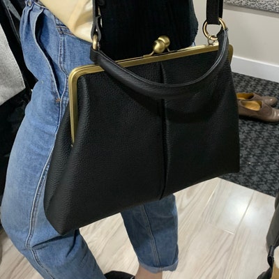 Women's Leather Bag, Kiss Lock Bag olivia in Black - Etsy