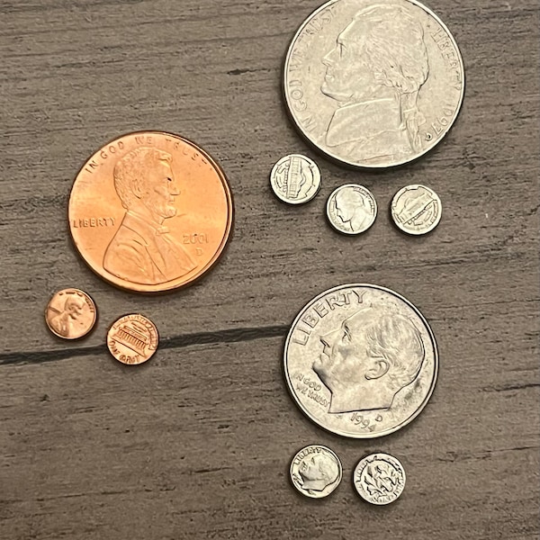 7 Miniature Coins, Dollhouse Coins, Miniature Penny, Miniature Nickel ...