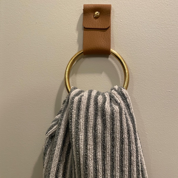 Hand Towel Holder Ring Leather & Brass Small Gold Modern Towel Hook ...