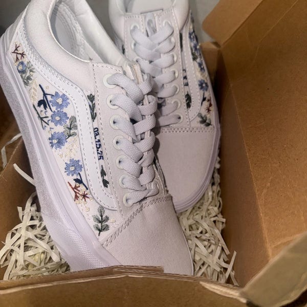 Wedding Vans for Bride and Groom, Blue Flowers Embroidered Vans Custom ...