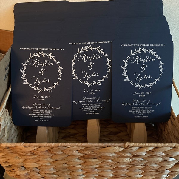 Navy Blue Wedding Program Fans Wooden Sticks Included - Navy Blue ...