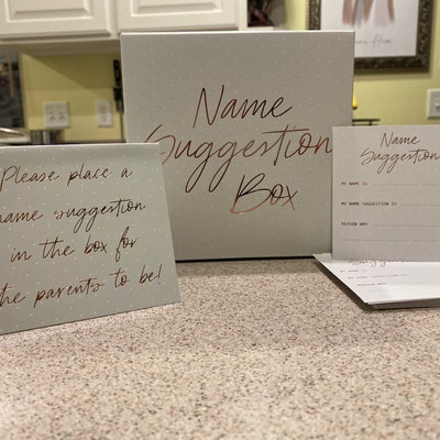 Baby Shower Name Suggestion Box & 30 Prediction Cards, Rose Gold Baby ...