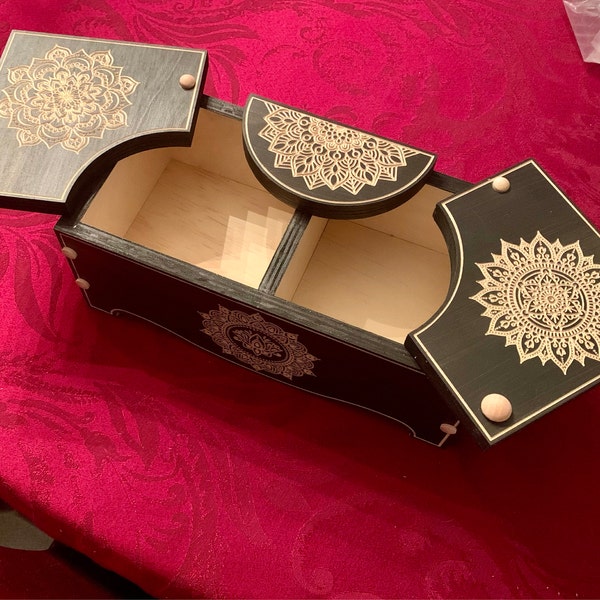 Moon & Stars Lunar Engraved Wood Jewelry Valet Box With Pivoting Lids ...