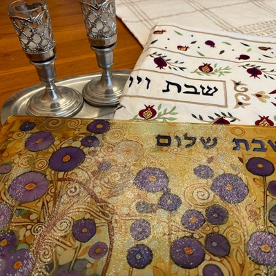 Challah Board Blue Agate and Gold Look, Hebrew Shabbat Shalom, Jewish ...