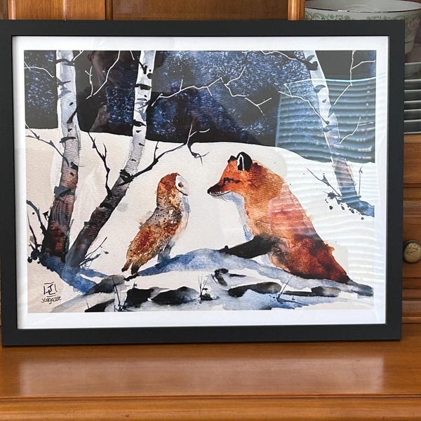 Owl and Fox Print, Landscape Print, Original Art, Winter Art, Painting ...