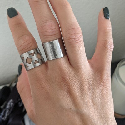 Wide Band Ring Waterproof Jewelry Silver Tube Ring Adjustable Hammered ...