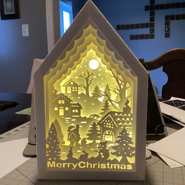 Merry Christmas Shadow Box, Lightbox Christmas Village 3D Paper Cut ...