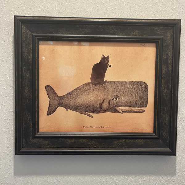 Black Cat Riding Whale Vintage Collage Print Tea Stain Cat Art Cat ...