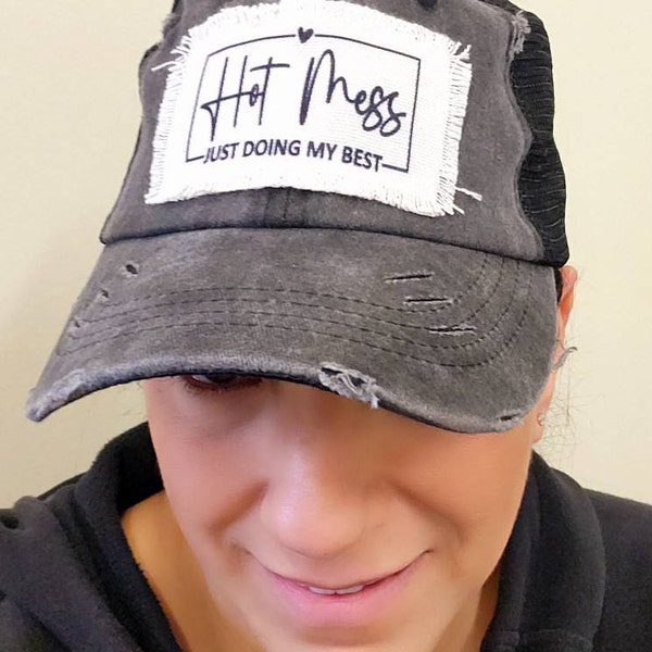 Perfectly Imperfect Ripped Ponytail Hat, Cute Ripped Truckers Hat ...