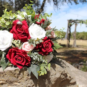 Deep Red, Blush Pink, & White Artificial Bridal Bouquet Real Touch ...