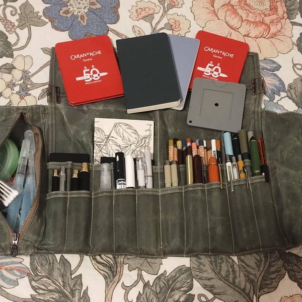 Large Waxed Canvas Journal Pouch, Roll up Pencil Case Pen Holder, Art ...