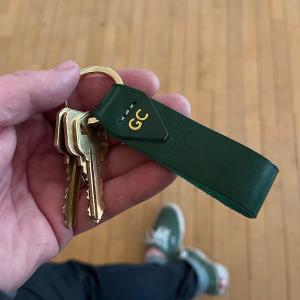 Green Italian Leather Key Chain With Gold Key Ring, Personalized ...