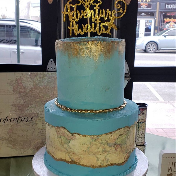 Vintage World Map Edible Cake Wrap or Pinwheel and Congrats Cake ...