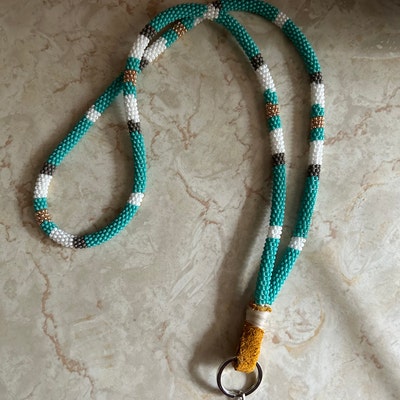 Gold & Teal NATIVE BEADED LANYARD Teal, Grey, White, Gold - Etsy