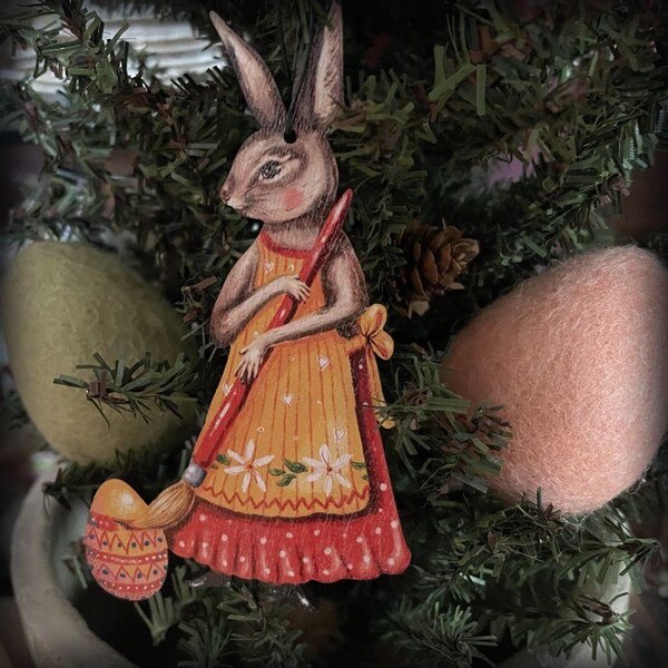 Easter Hanging Ornament Made From Wood, Featuring a Rabbit Painting an ...