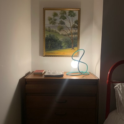 Blue Adeera Dimmable Small Round Table Lamp With a Glass Light Shade ...
