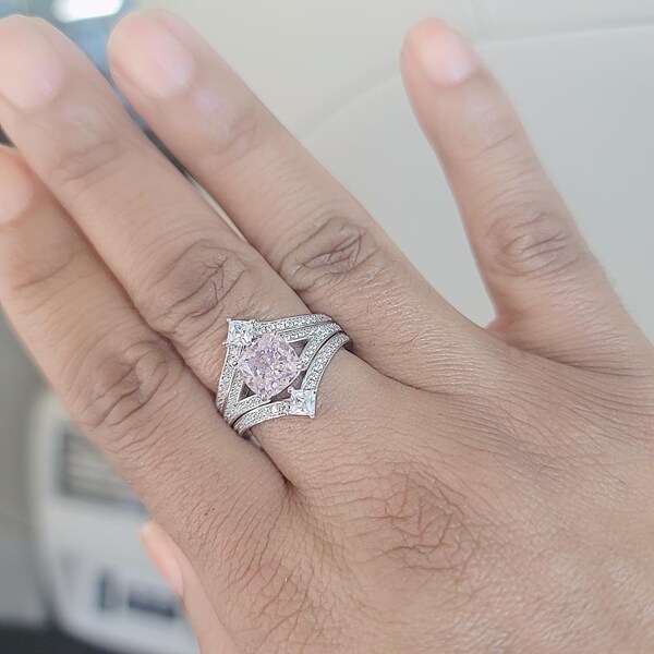 Pink Diamond Square Engagement Ring for Women, Halo White Diamond Oval ...