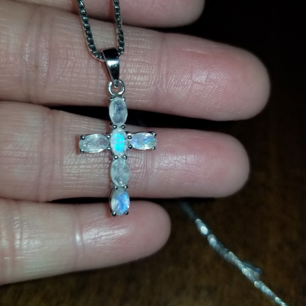 Rainbow Moonstone Cross Pendant, 925 Sterling Silver, Natural Stone ...