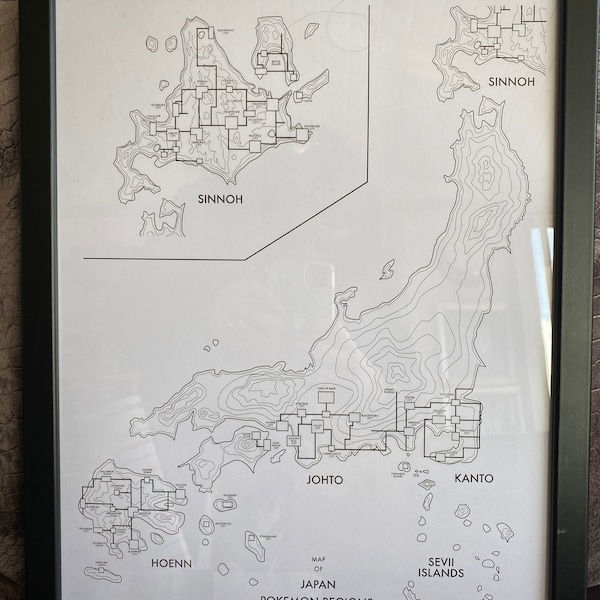 Pokemon Regions Map Poster Johto Kanto Sinnoh Hoenn Based on Japan in ...
