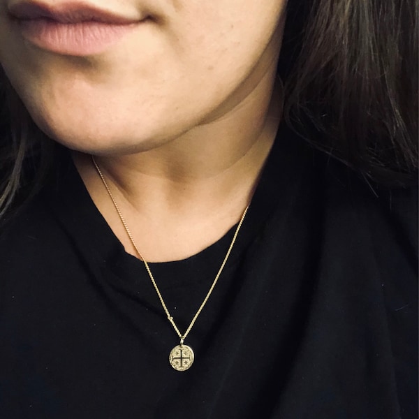 Dainty 14k Solid Gold Jerusalem Cross Coin Necklace: Greek Orthodox ...