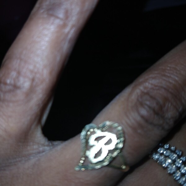 10k Yellow Gold Solid Slanted Heart Cursive Initial Ring With Diamond ...