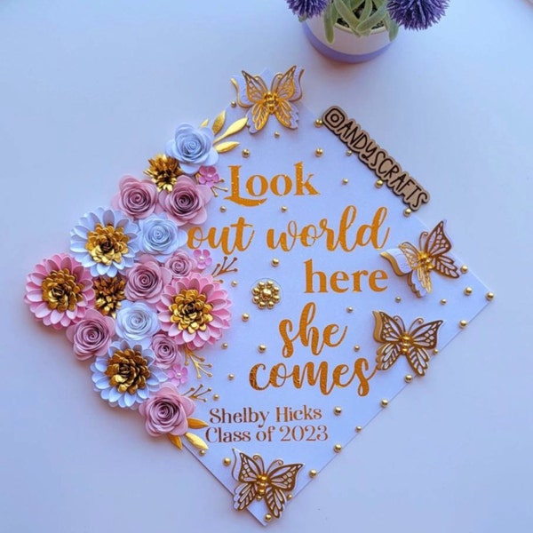 Custom Graduation Cap With Bow, BLING 3D Paper Flowers, Graduation Cap ...