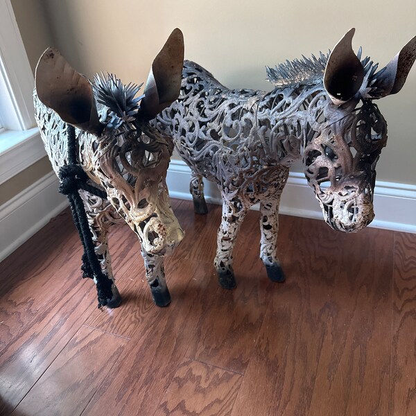 Cute Metal Donkey Statue - Filigree Style Large Art Sculpture 30” X 24 ...