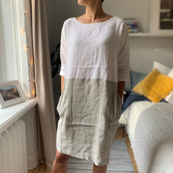Color Block Linen Dress for Women – White and Grey Midi Tunic – Boho ...