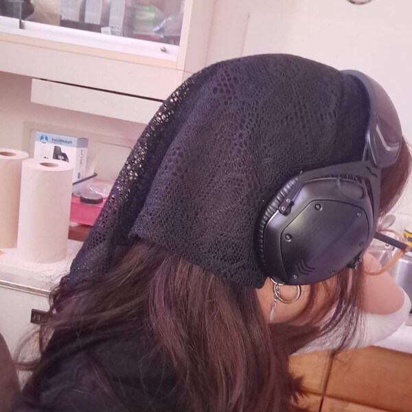 Black Floral Lace Sheer Triangle Headband With Lace Trim - Head Scarf ...