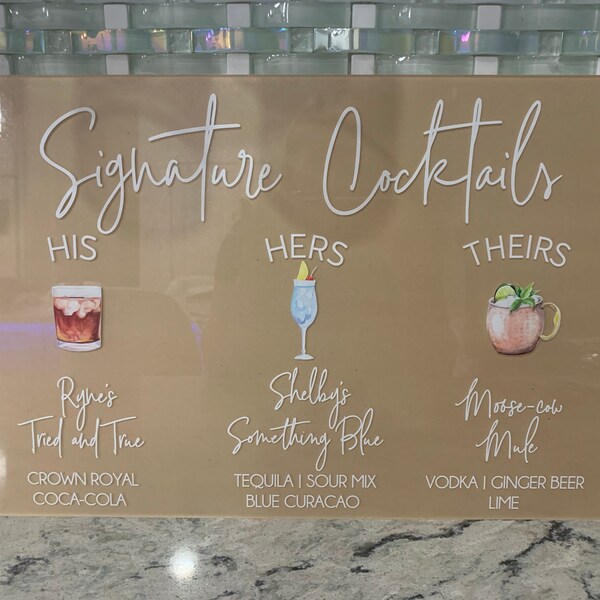 Bar Menu Signature Cocktails Custom Clear Glass Look Acrylic Wedding ...