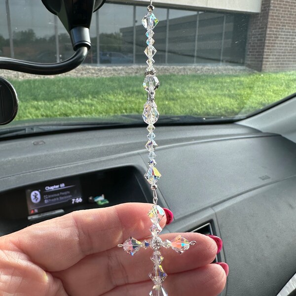 Swarovski Crystal Cross With Angel Car Charm, Rear View Mirror Charm ...