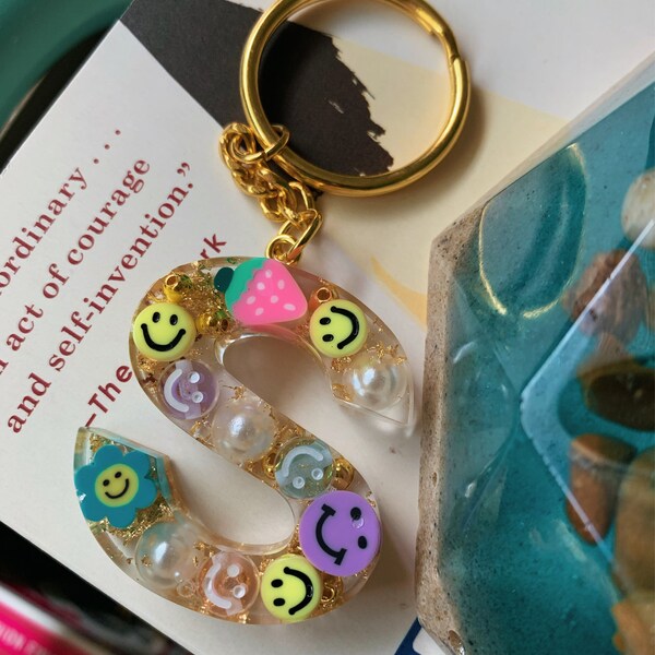 Custom Handmade Colorful Smiley Face & Bead Resin Keychain | School ...