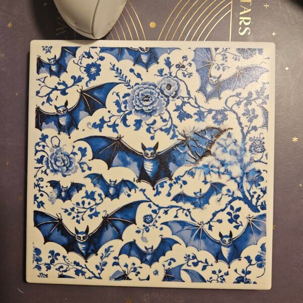 Blue White Bat Coaster Set | Halloween Decor Ceramic Tile Coasters ...