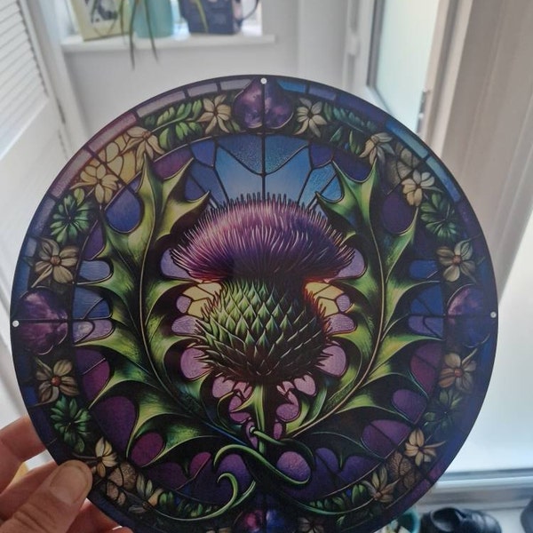 Thistle Sign: Faux Stained Glass Scottish Metal Wall Art, Garden Décor ...