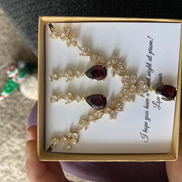 Red Bridal Jewelry Set, Burgundy Bridal Earrings, CZ Necklace, Bridal ...