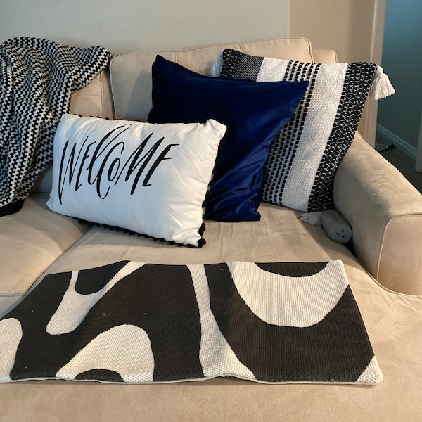 Black White Pillow, Hand Made, Hemp Pillow Cover, Painted Hemp Cushion ...