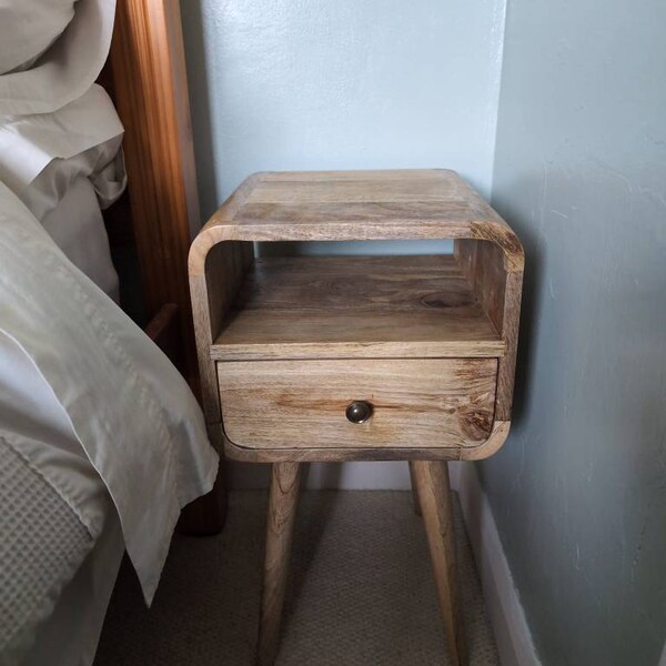 Small Curved Bedside Table With Open Shelf • Minimalist Bedside Table ...