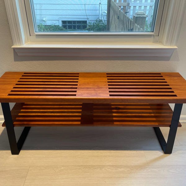 Oak Slatted Bench: Mid-century Modern Metal Leg Seating - Etsy